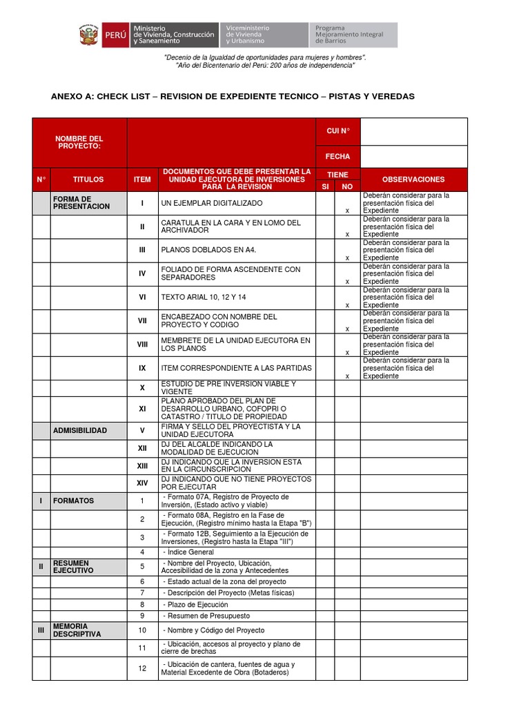 Check List Expediente Tecnico | PDF | Presupuesto | Economias