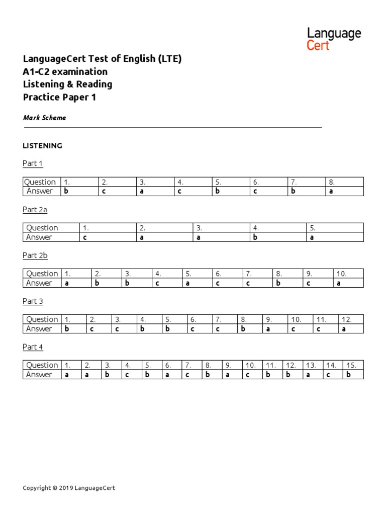 Languagecert Test of English (Lte) A1-C2 Examination Listening ...
