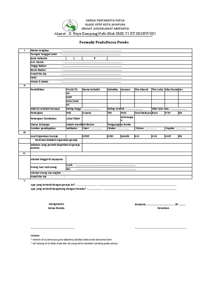 Format Formulir Pendaftaran Unsur-Unsur Jemaat GPDP Juruselamat ...