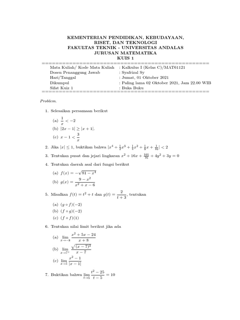 Kuis Kalkulus I - Kelas C | PDF