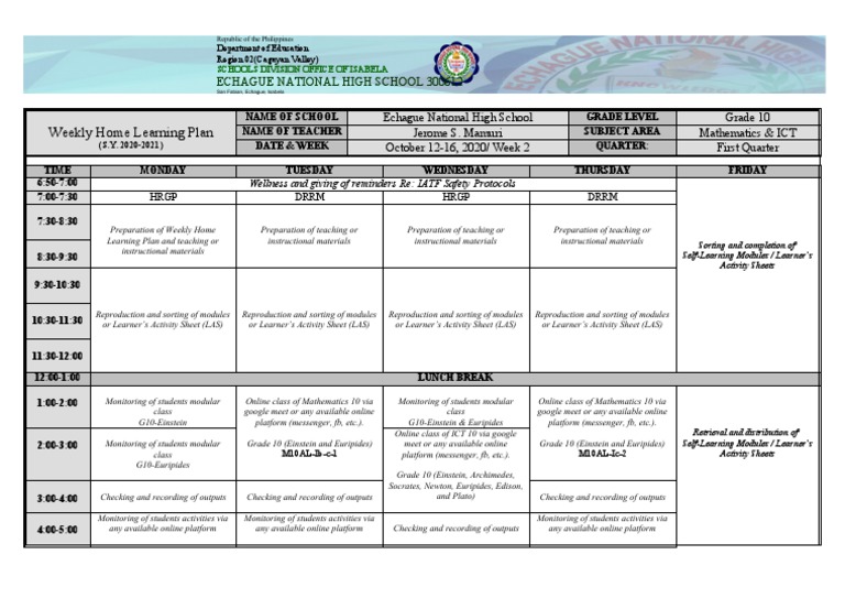Weekly Home Learning Plan: Echague National High School 300612 | PDF ...