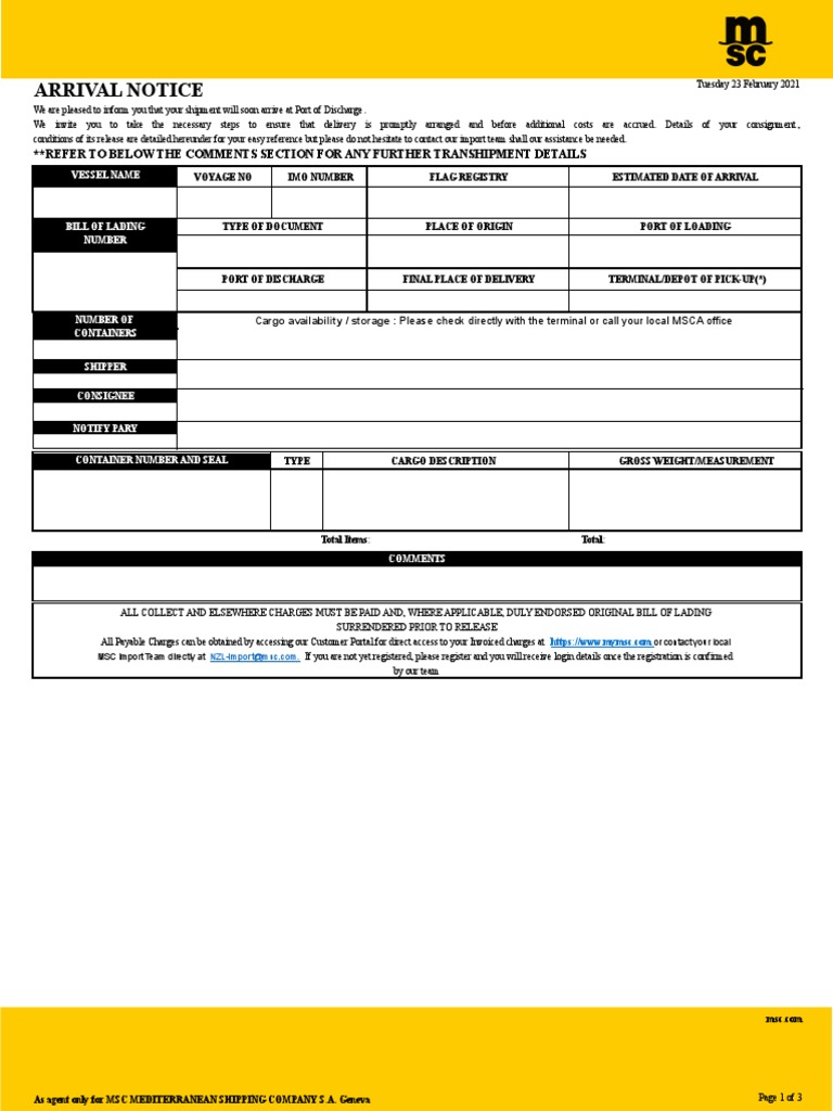 Arrival Notice: Refer To Below The Comments Section For Any Further ...