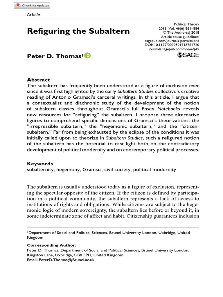 Thomas - Refiguring The Subaltern | PDF | State (Polity) | Antonio Gramsci