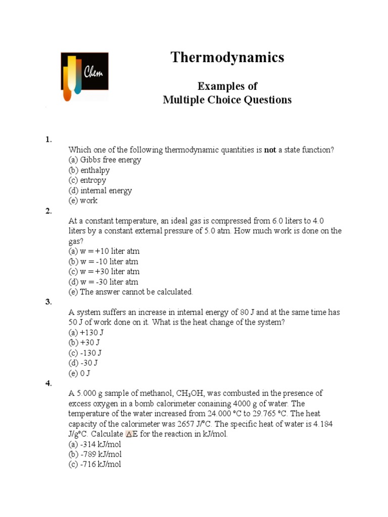 Thermodynamics: Examples of Multiple Choice Questions | PDF | Heat ...
