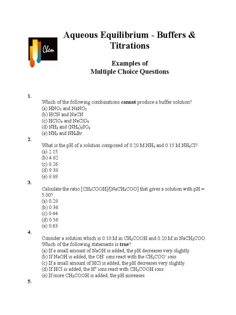 Buffer Solutions and Titration Calculations | PDF | Electrochemistry ...