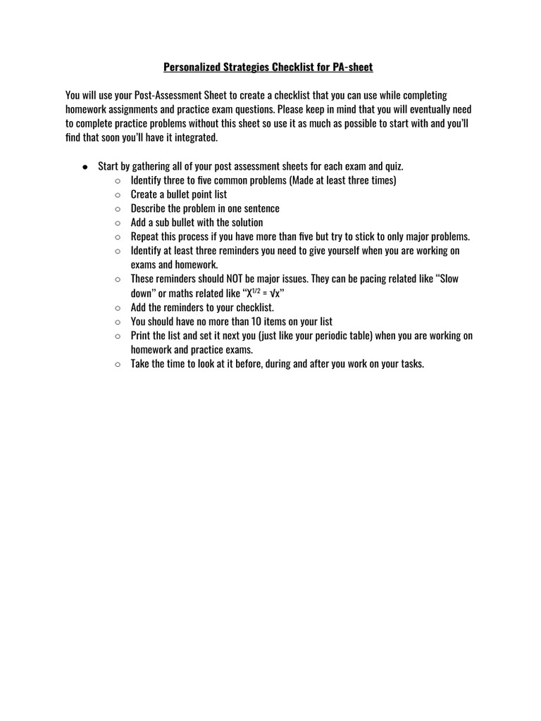Personalized Strategies Checklist - Post Assessment | PDF