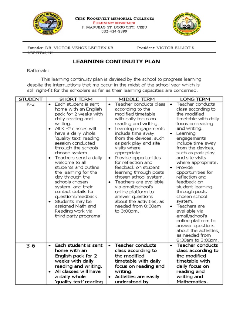 Learning Continuity Plan: F. M S - B, C 032-434-8399 | PDF | Pedagogy | Education Theory