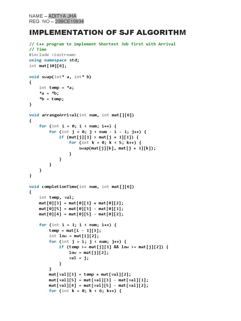 Implementation Of Sjf Algorithm Pdf Computer Programming Software Engineering