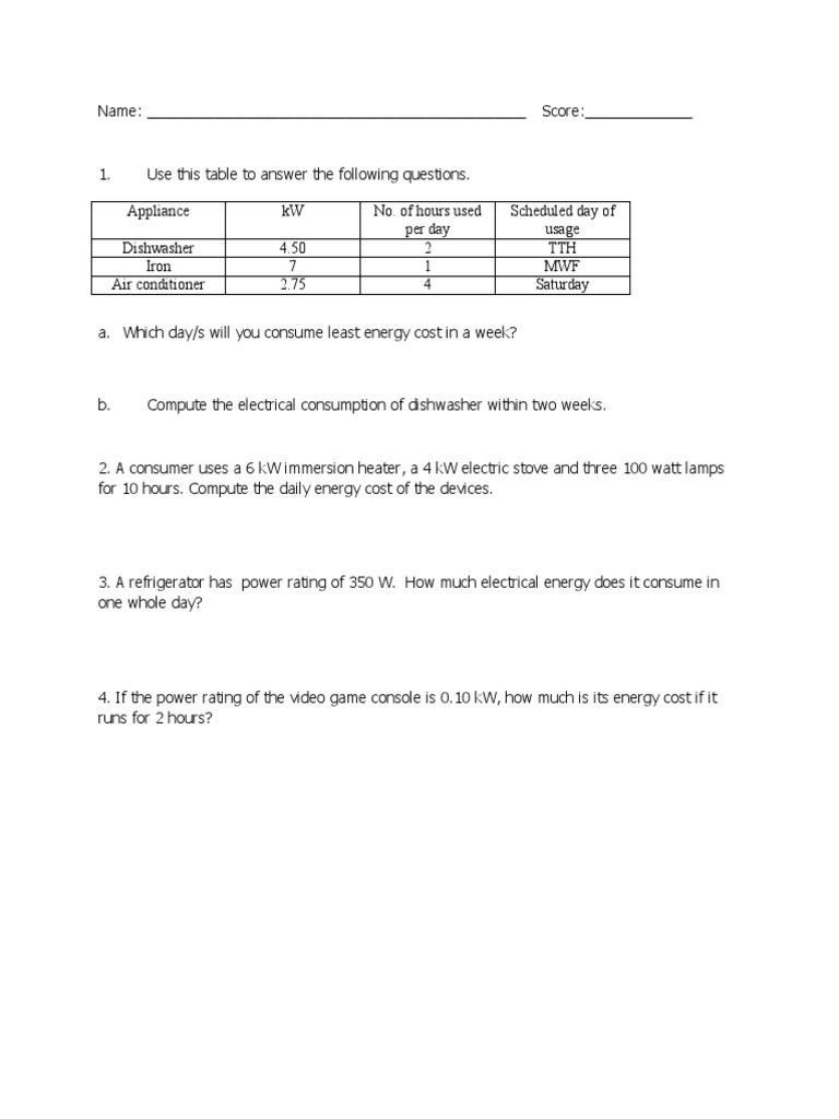 Electricity Consumption Calculation Worksheet | PDF