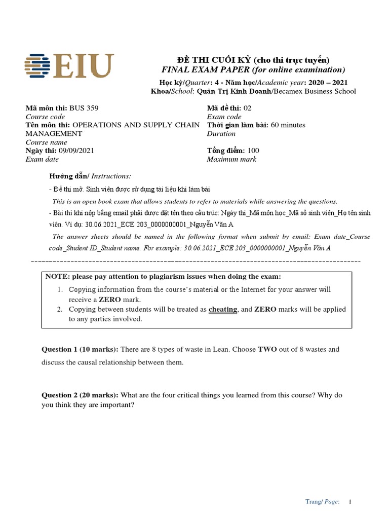 Final Exam Paper for Operations and Supply Chain Management Course ...