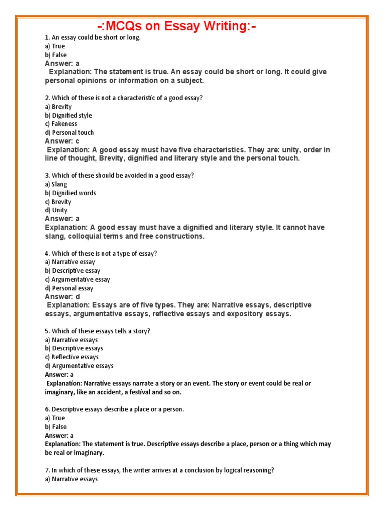 Essay Writing MCQs | PDF | Essays | Cognitive Science