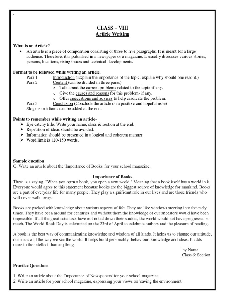 Article Writing Class VIII | Download Free PDF | Knowledge | Reason