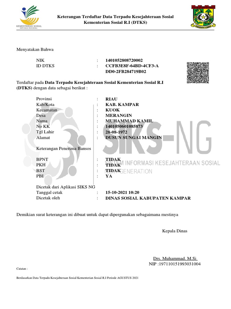 Surat Keterangan DTKS | PDF