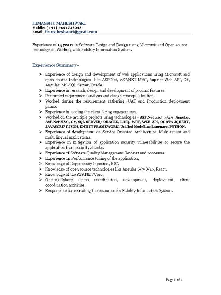 Experience Summary - : Himanshu Maheshwari | PDF | Microsoft Sql Server | Web Application