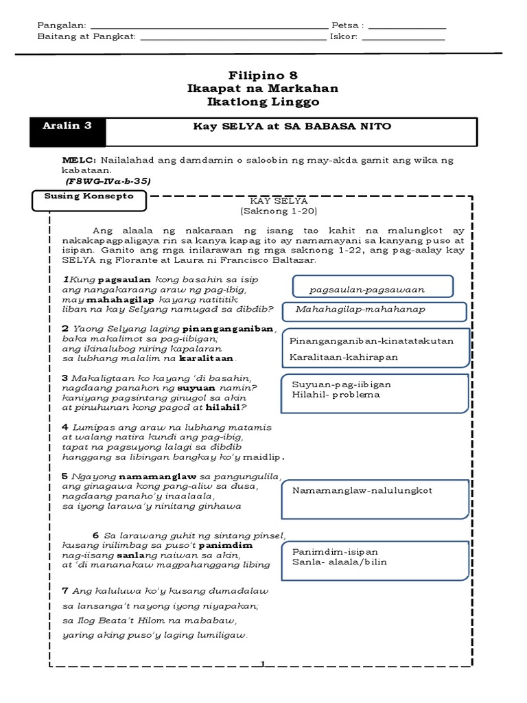 Filipino 8 Q4 Week 3 - Kay SELYA at SA BABASA NITO | PDF Filipino 8 Q4 Week 3 - Kay SELYA at SA BABASA NITO | PDF