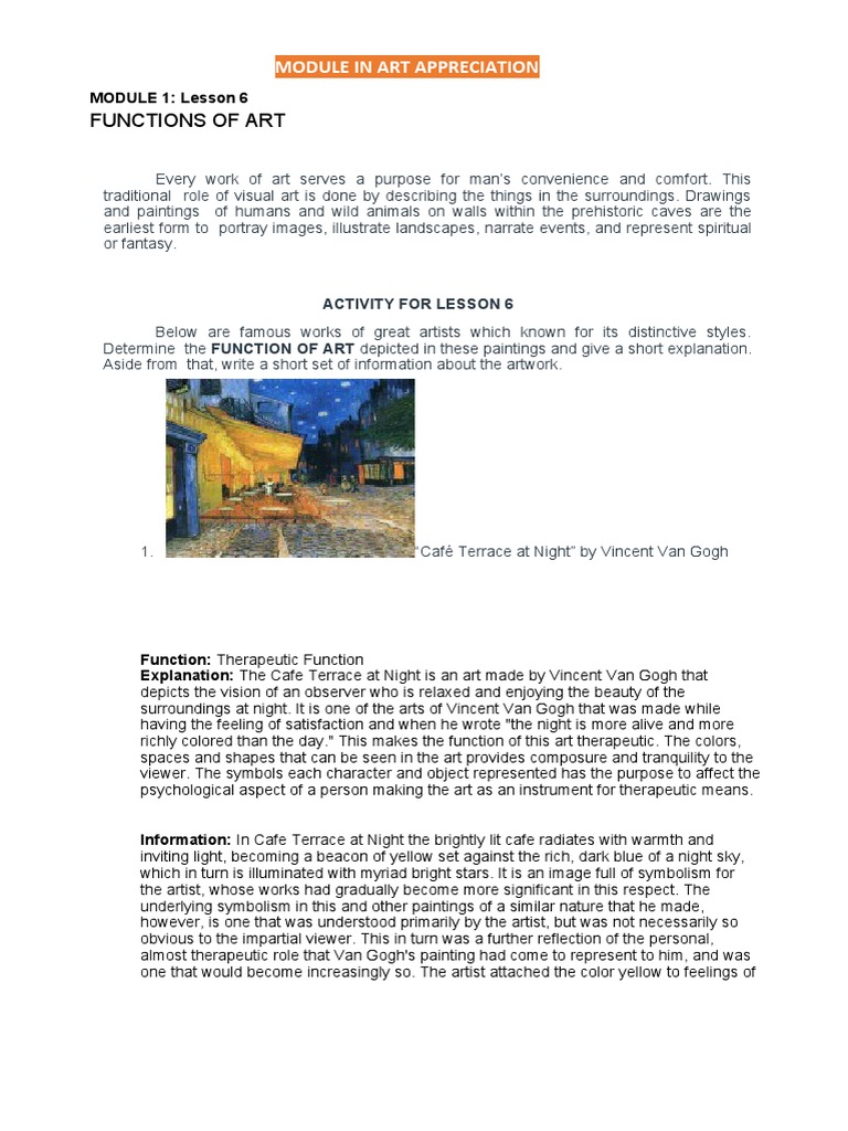 Functions of Art: Module in Art Appreciation | PDF | Vincent Van Gogh ...