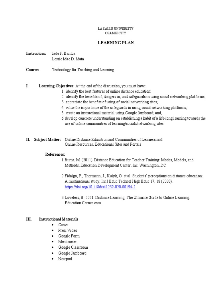 Learning Plan Guide For TCP | PDF | Distance Education | Educational ...