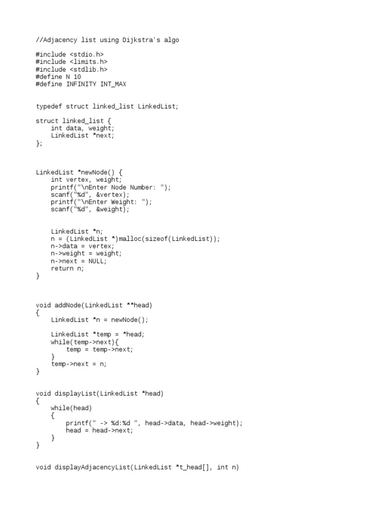 Adjacency List Using Dijkstra's in 'C' | PDF | Theoretical Computer ...