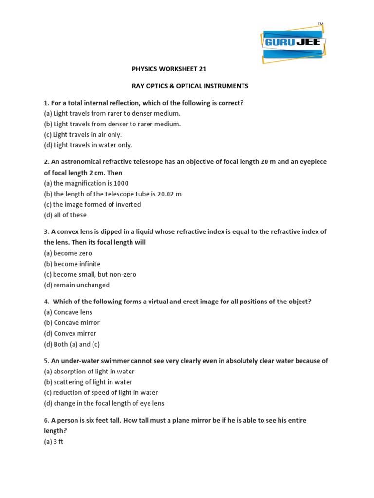 Ray Optics Worksheet for Physics Students | PDF