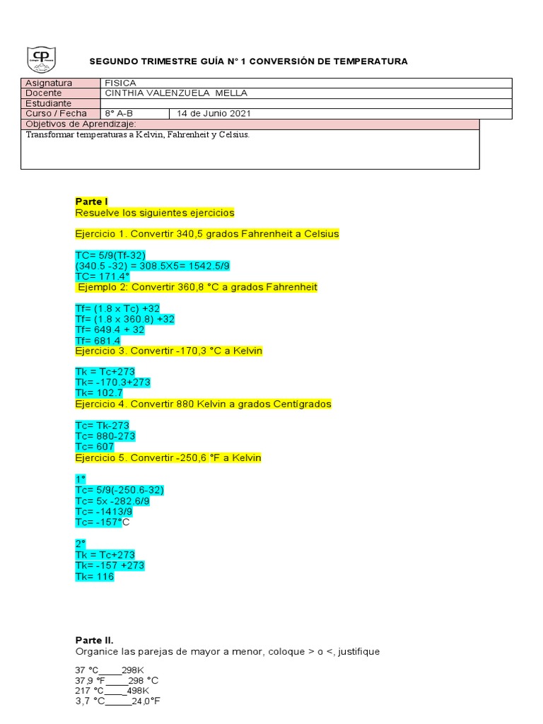 Guía Ejercicios de Temperatura | PDF | Fahrenheit | Celsius