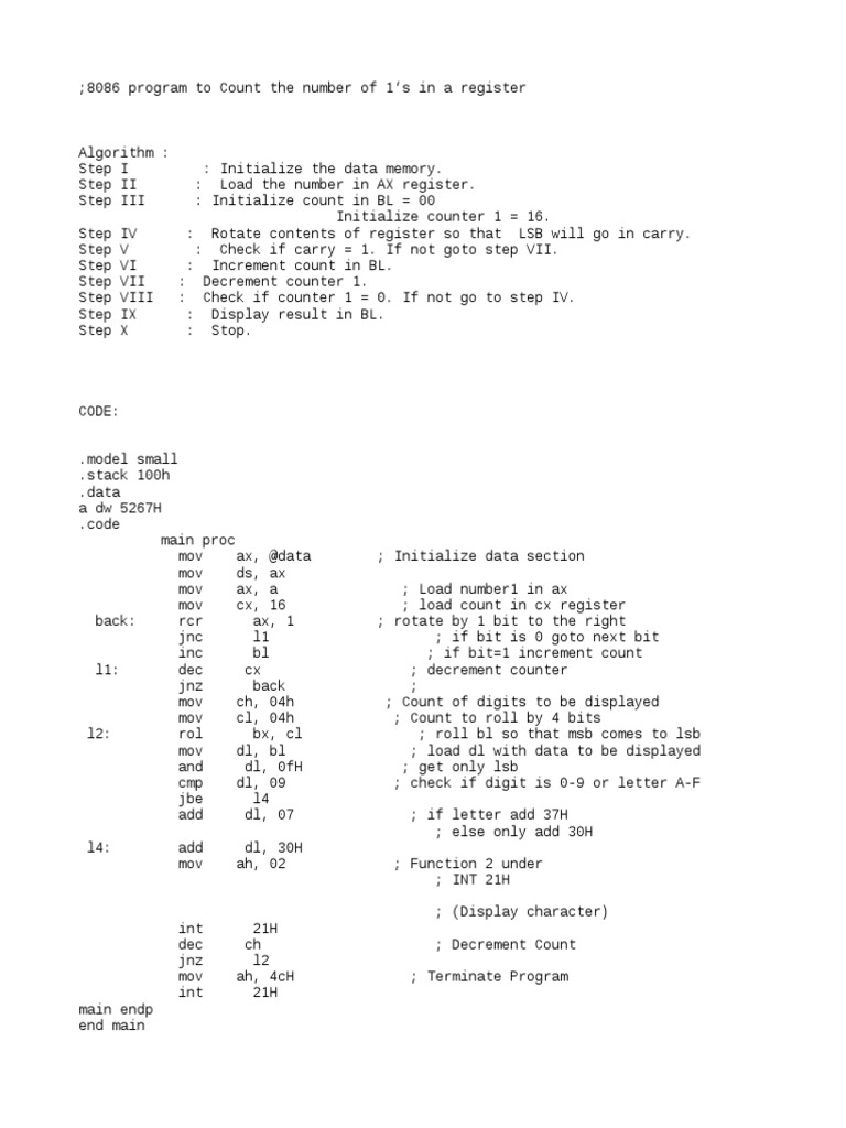 8086 Program To Count The Number of 1's in A Register | PDF | Teaching ...