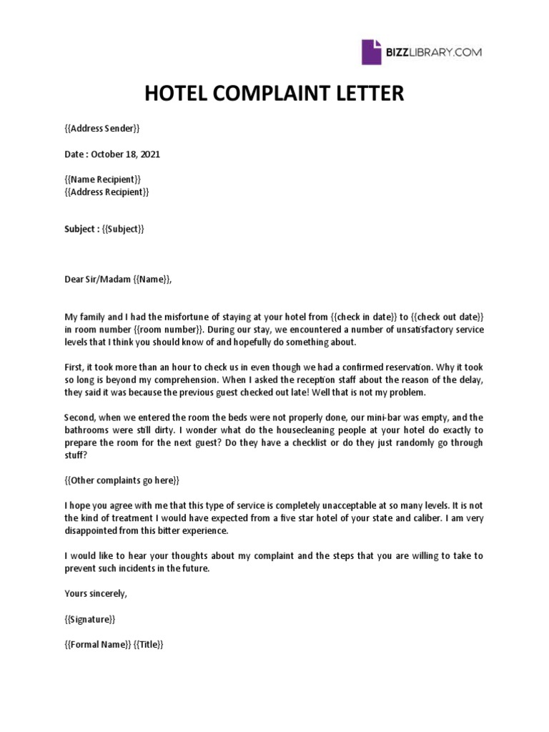 Hotel Complaint Letter | PDF