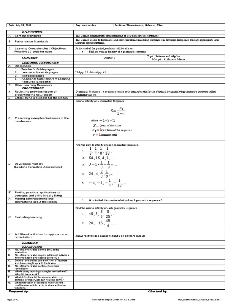 Finding the Sum to Infinity of Geometric Sequences: A Lesson Plan on ...