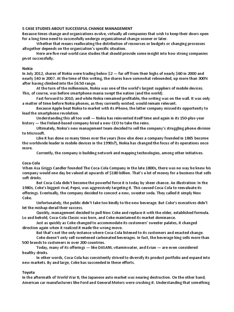 5 Case Studies About Successful Change Management | PDF | Coca Cola | Nokia