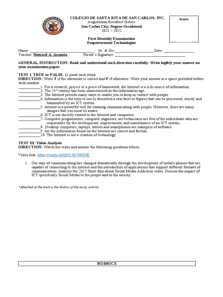 GRADE 11 E Tech 1st Monthly Examination | PDF | Internet | Grammar
