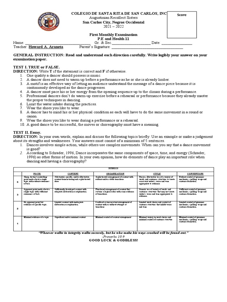 GRADE 12 PE and HEALTH 1st Monthly Examination | PDF | Dances | Syntax