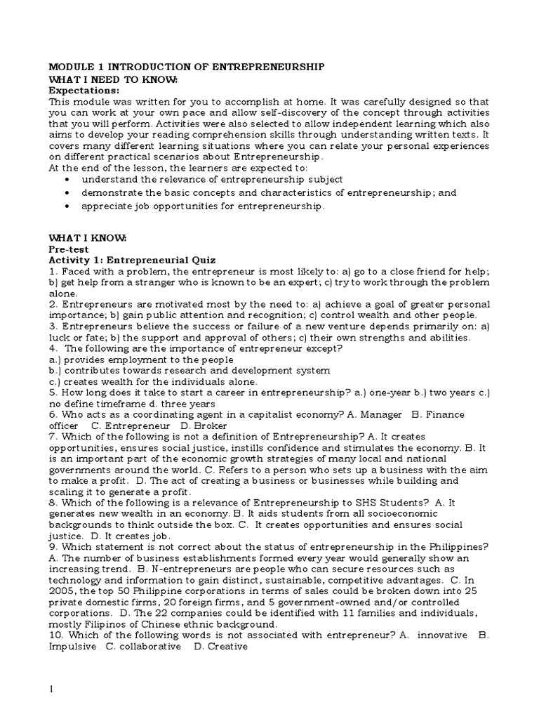 Entrep Module Quarter 1 | PDF | Entrepreneurship | Final Good