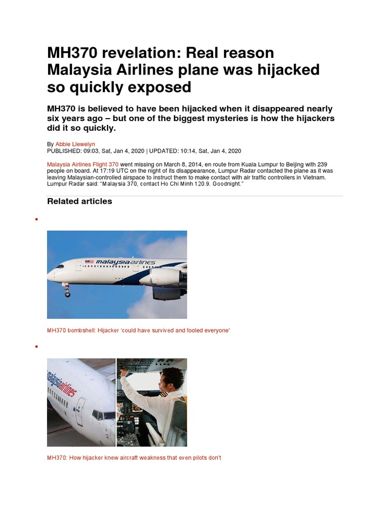 MH370: Hijack Mystery Unveiled | PDF | Malaysia Airlines Flight 370 ...