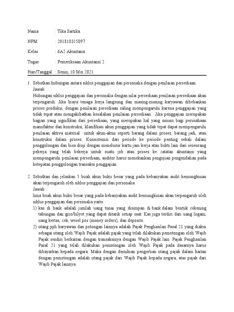 Tugas Pemeriksaan Akuntansi 2 - Tika Sartika - 201810315097 | PDF