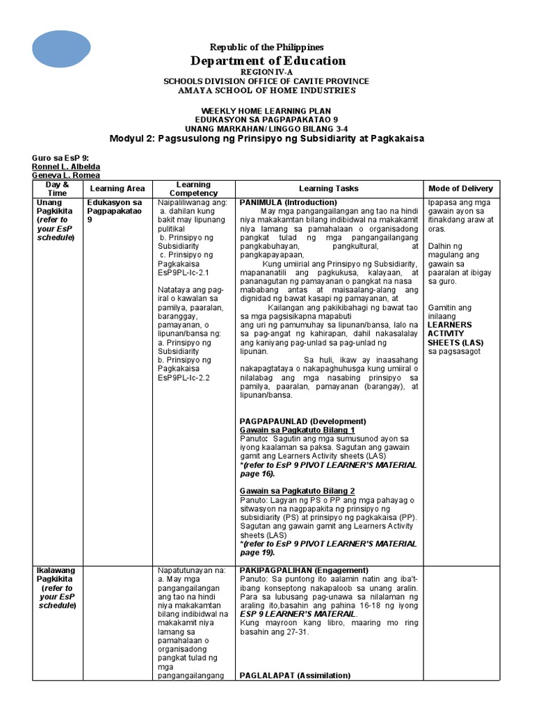 Esp 9 WHLP Q1 W3 4 | PDF