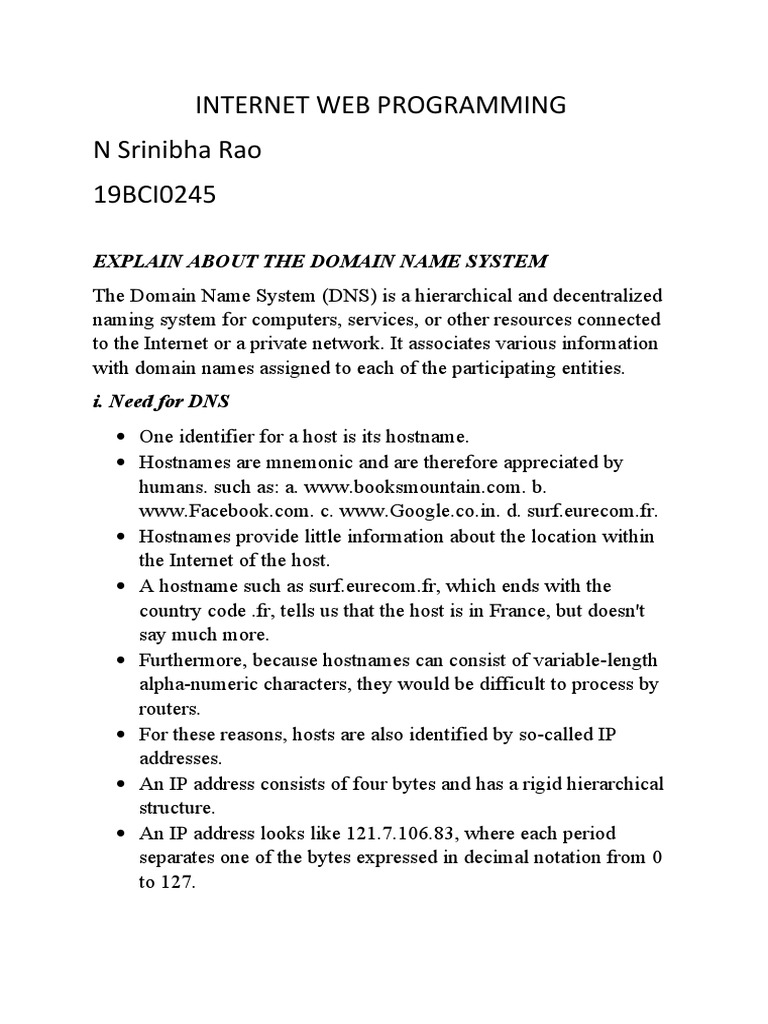 Internet Web Programming N Srinibha Rao 19BCI0245: Explain About The Domain Name System | PDF ...