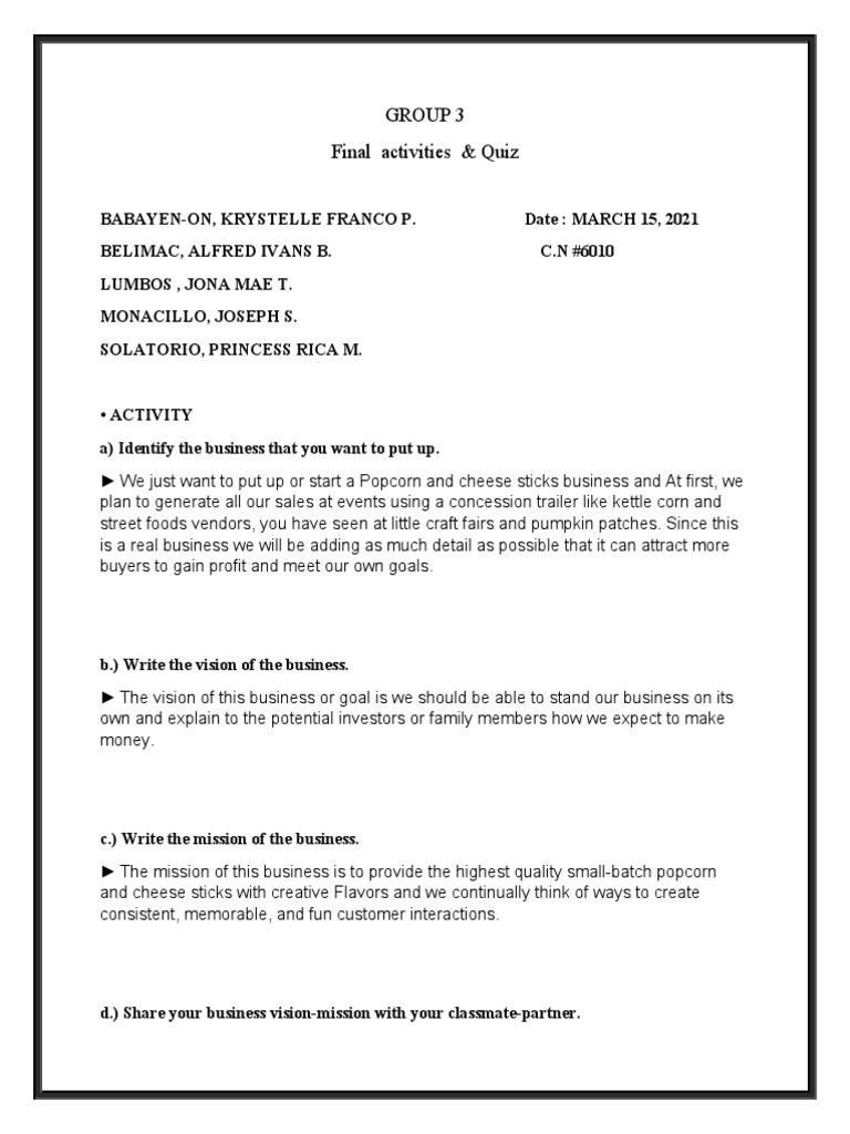 GROUP 3 Final Activity & Quiz | PDF | Sales | Swot Analysis