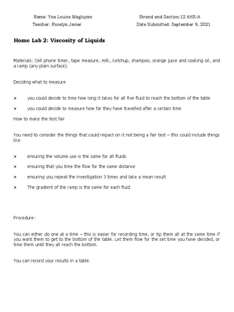 Comparing the Viscosity of Common Liquids Through Timed Flow ...