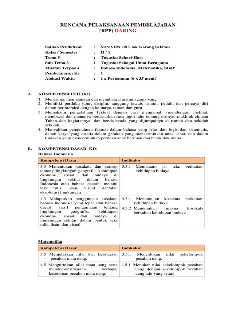 RPP Kelas 2 Tema 3 ST 3 PB 1 | PDF