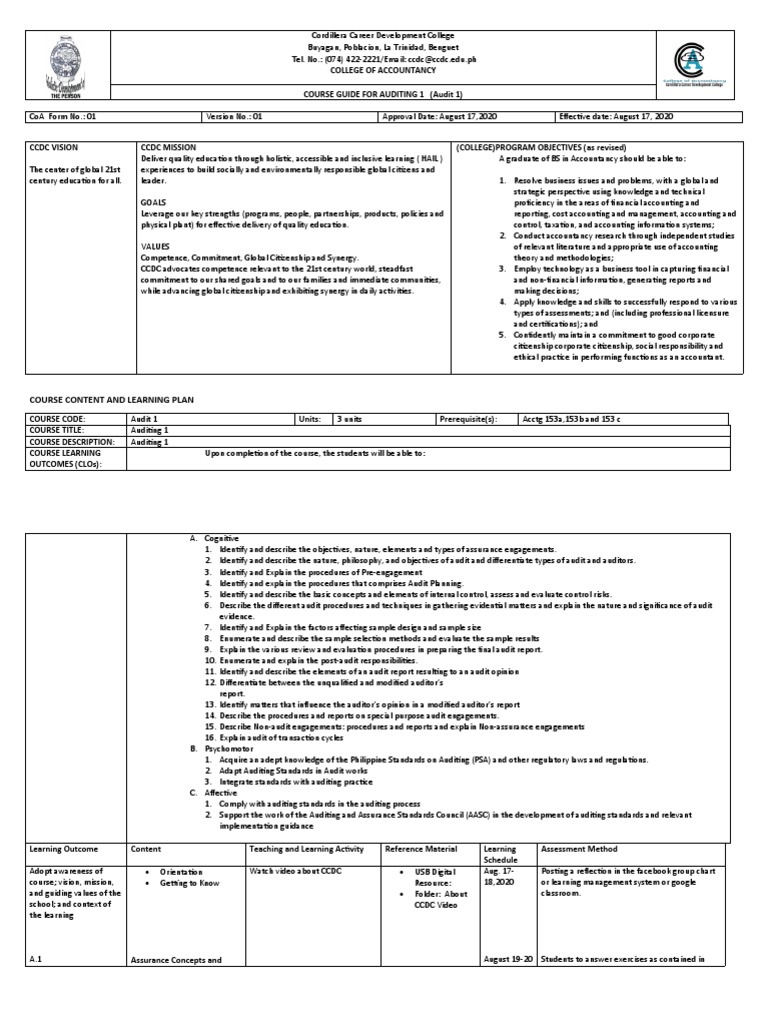 College of Accountancy Course Guide For Auditing 1 (Audit 1) | PDF ...