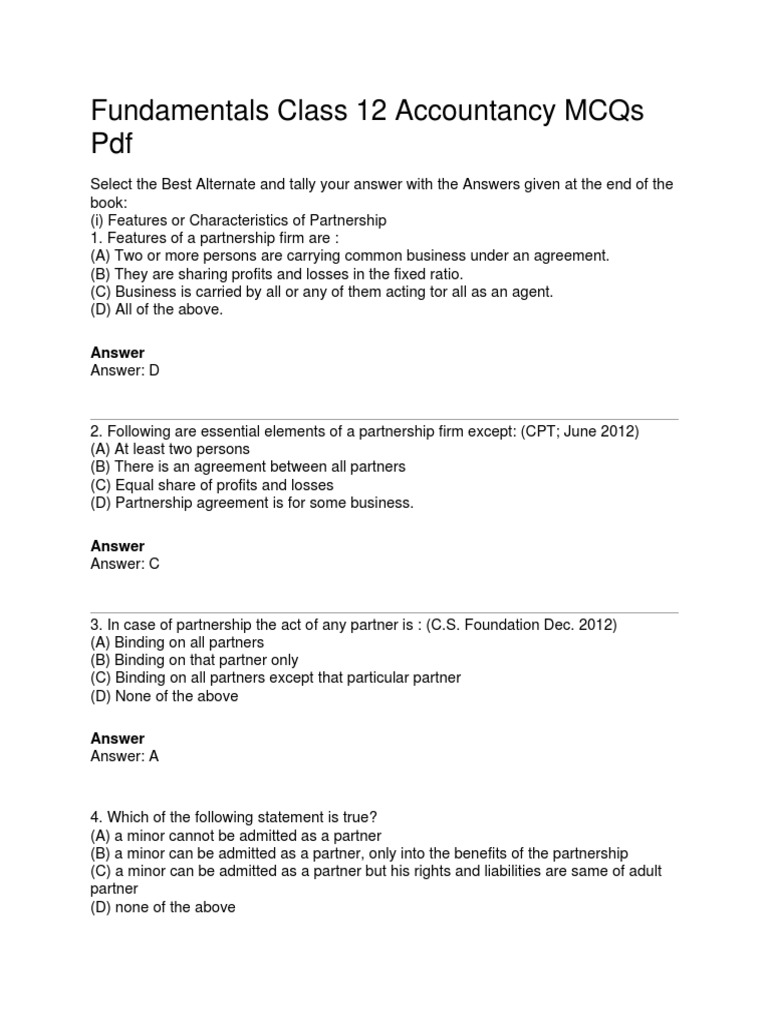 Fundamentals Class 12 Accountancy MCQs PDF | PDF | Partnership ...