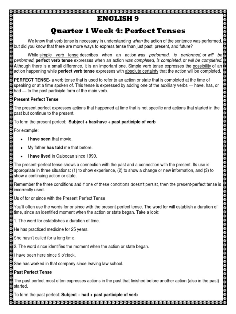 Activity Sheet Perfect Tenses QTR 1 WK 4 | PDF | Grammatical Tense ...