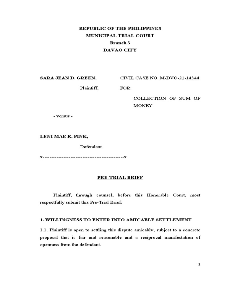 Pre Trial Brief Sample Plaintiff A1 | PDF | Discovery (Law) | Settlement (Litigation)