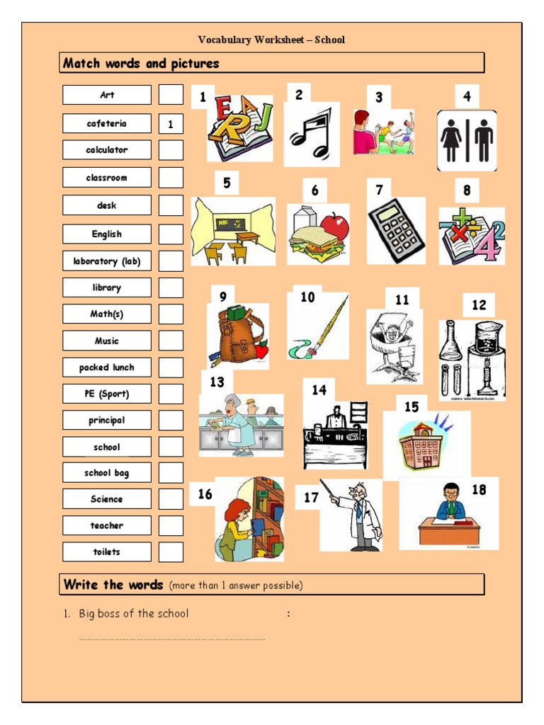 School Vocabulary Matching Worksheet | PDF | Language Arts & Discipline