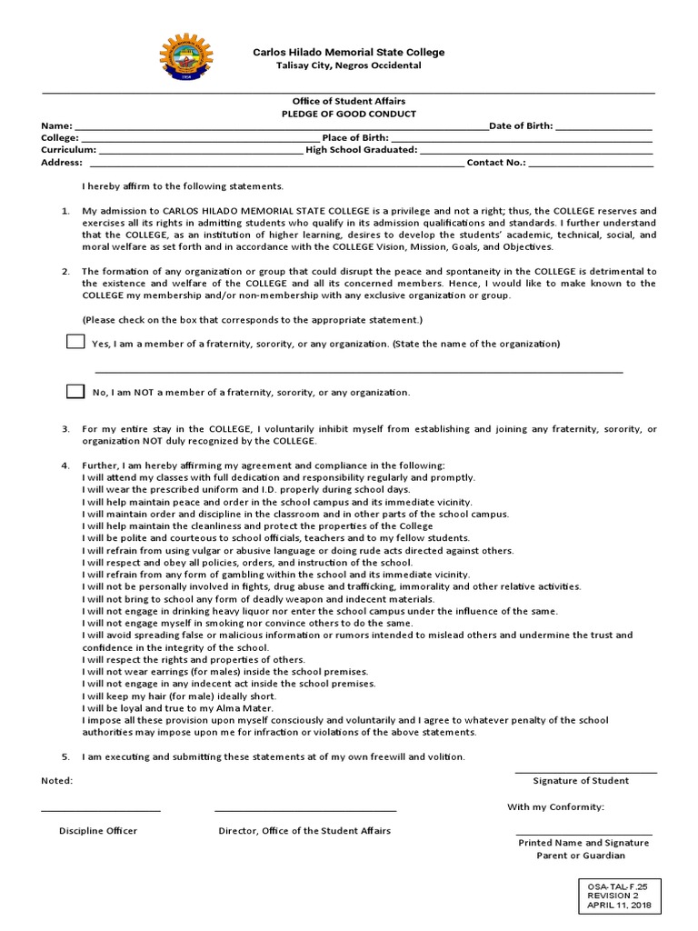 F25 Pledge of Good Conduct | PDF | Fraternities And Sororities