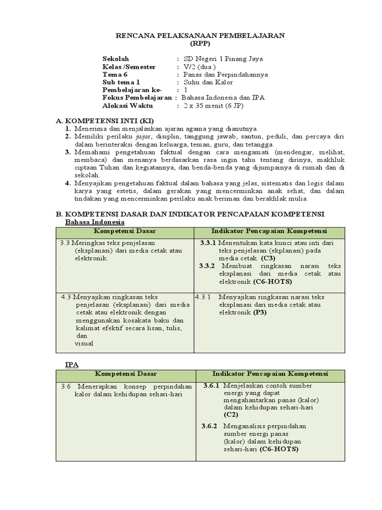 Contoh KELAS 5 RPP | PDF