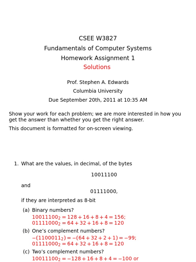 CSEE W3827 Fundamentals of Computer Systems Homework Assignment 1 | PDF | Mathematics ...