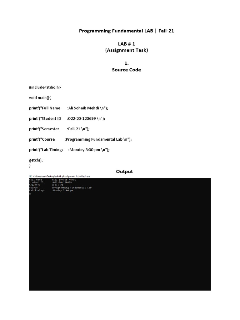 Programming Fundamental LAB - Fall-21 Lab # 1 (Assignment Task) 1. Source Code | PDF | Integer ...