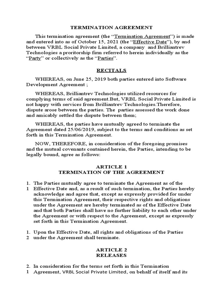 Termination Agreement | PDF | Legal Liability | Civil Law (Legal System)