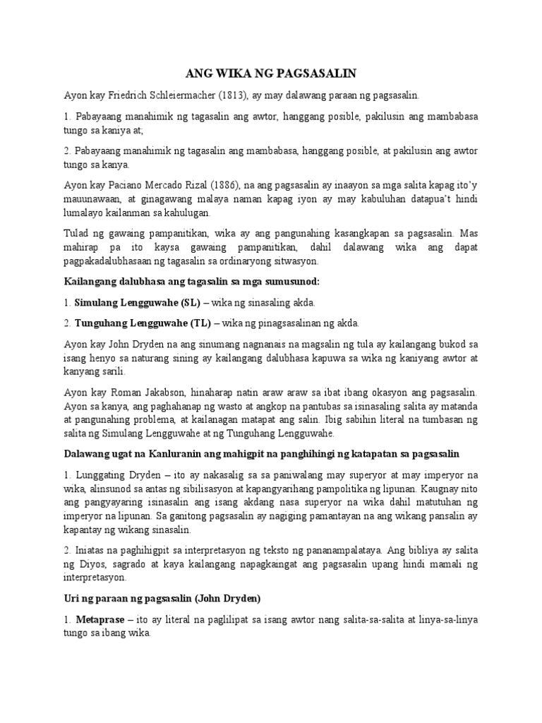 ANG WIKA NG PAGSASALIN Fil 101 | PDF