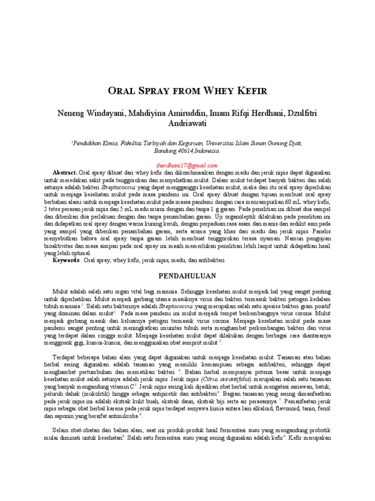Draft Artikel - Kelompok 6 - Oral Spray From Kefir Whey | PDF